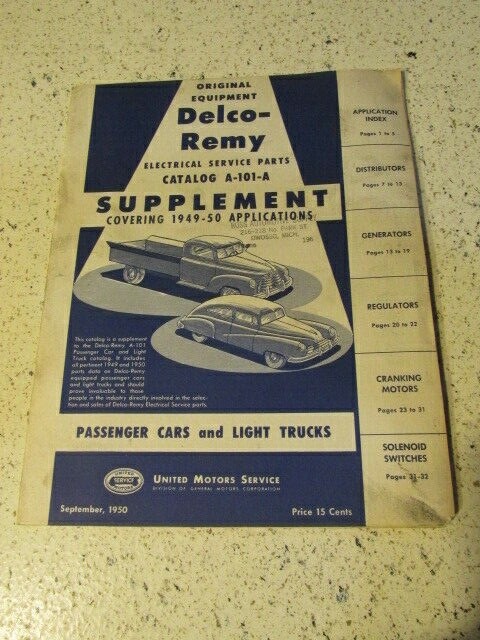 1949-1950 DELCO REMY Electrical Service Parts CATALOG supplement Car ...