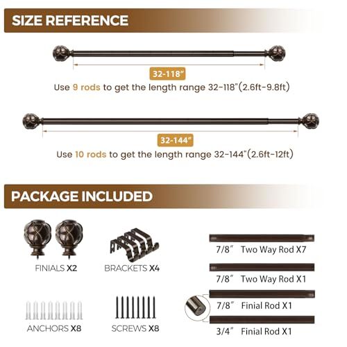 Bronze Curtain Rods for Windows 72 to 144 Inches 6-12ft Long Heavy Duty ...
