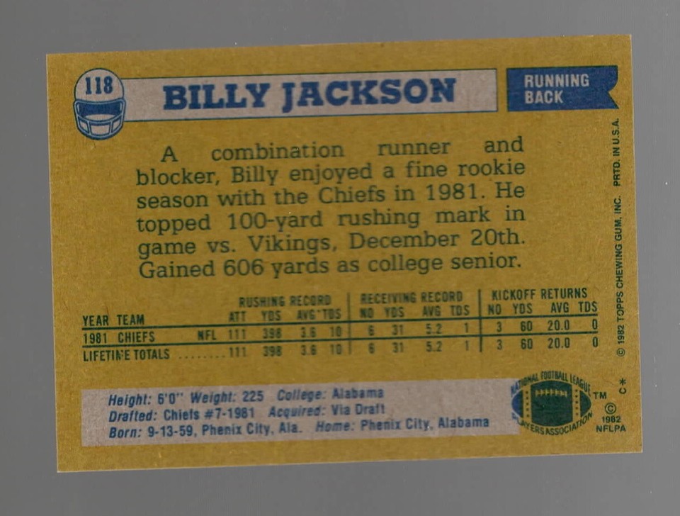 1982 Topps #118 Billy Jackson NM/Mint | eBay