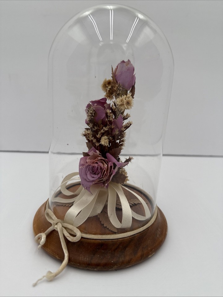 Vintage Dried Rose Flowers Under Glass Dome Wood Base | eBay