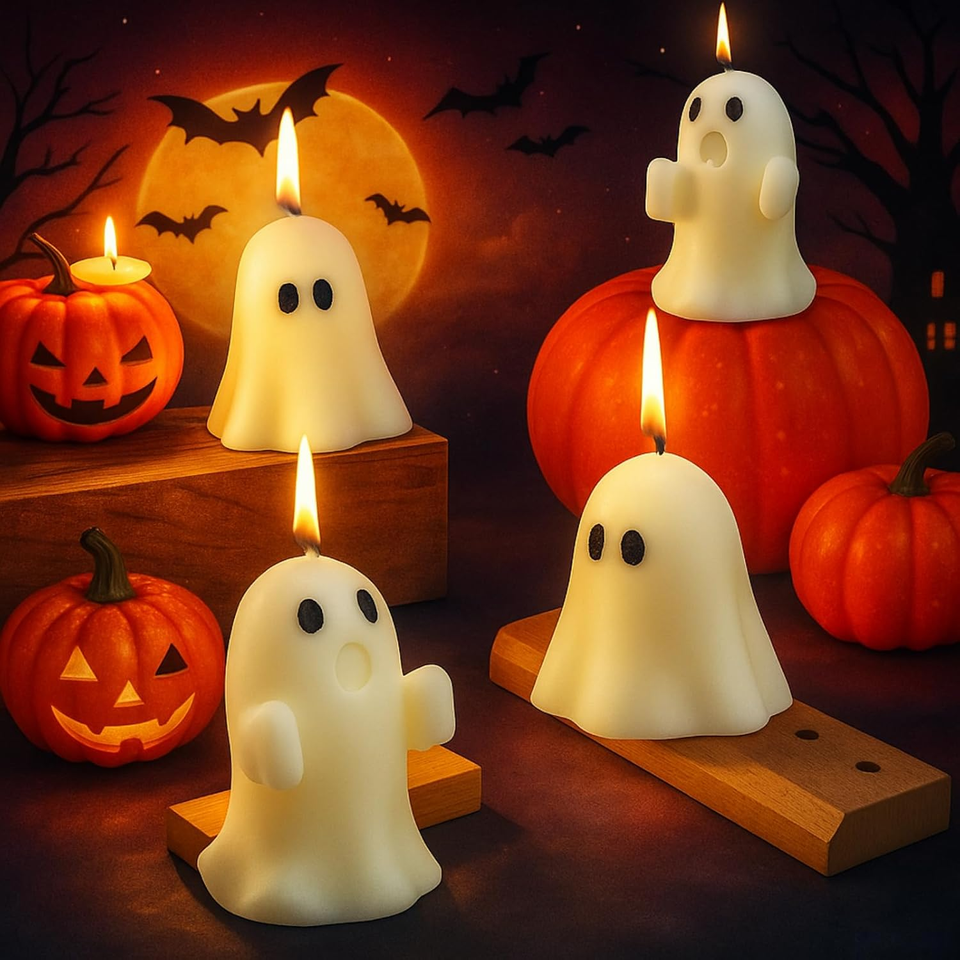 4 Pieces Large Halloween Ghost Candles Ghost Spooky Decor Burning White ...