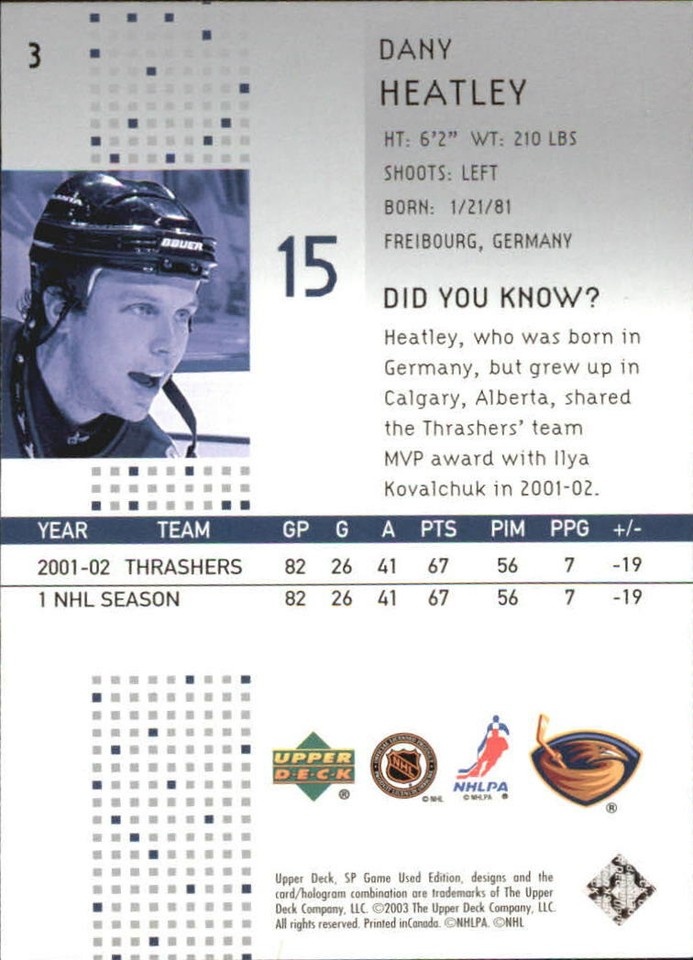 Dany Heatley 2002-03 SP Game Used Hockey Card #3 HIGH GRADE | eBay