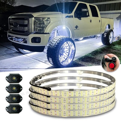 4x 17.5'' White Triple Row LED Wheel Rim Lights + 4x LED Rock Lights ...