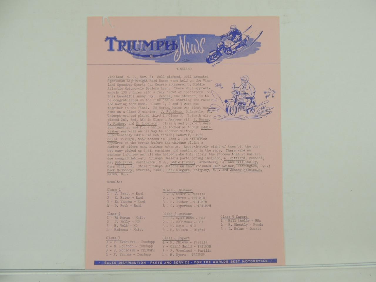 Vintage Triumph News Dealer Letter Brochure Lightweight Road Races ...