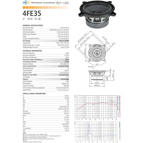 Faital Pro 4FE35 4" Midrange full-range Woofer Speaker 16 ohm 60W 91dB ...