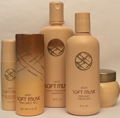 Avon Soft Musk shampoo + crème bath + perfumed talc + skin softener ...