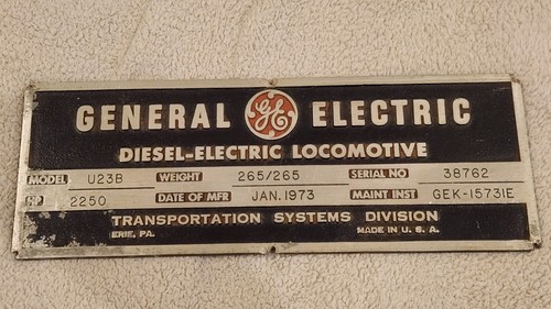 Missouri Pacific GE (General Electric) Locomotive Builder Plate U23B | eBay