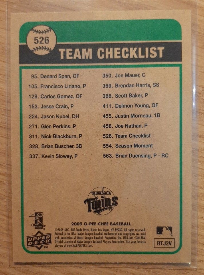 2009 O-PEE-CHEE BLACK BORDER TWINS TEAM CHECKLIST #526 MINNESOTA TWINS ...
