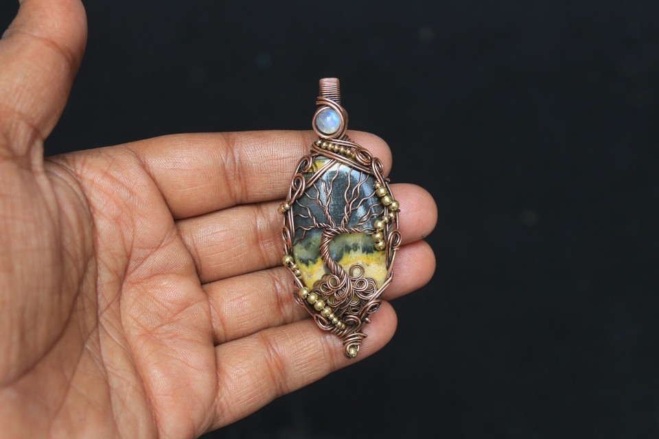 Moonstone Tree Bumble Bee Jasper Gemstone Copper Wire Wrap Pendant ...