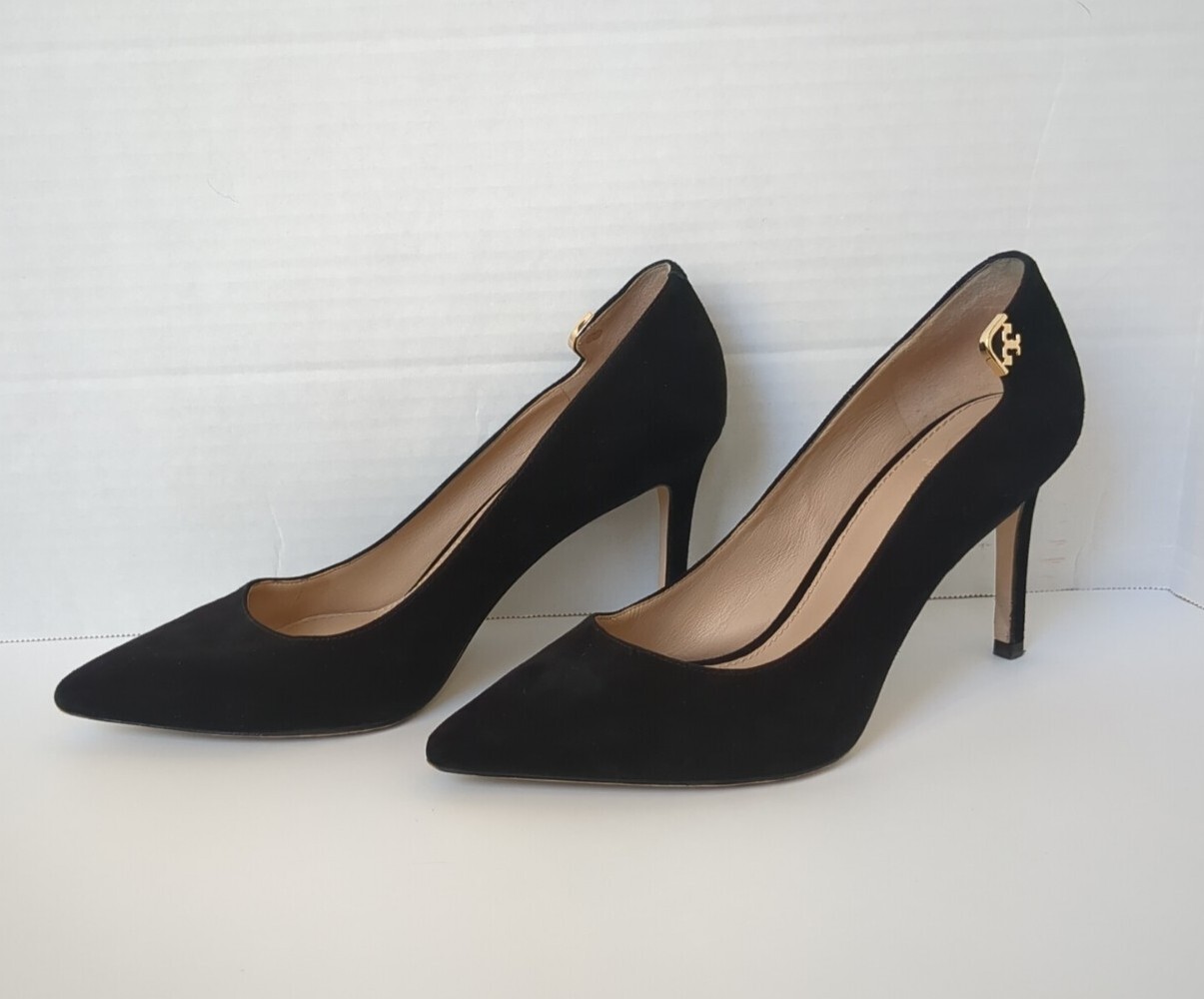 Tory Burch Elizabeth Black Suede Gold Logo Point Toe … - Gem