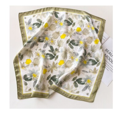 100% Silk Scarf Women Vintage Green Leaves Kerchief Square Bandana Wrap ...
