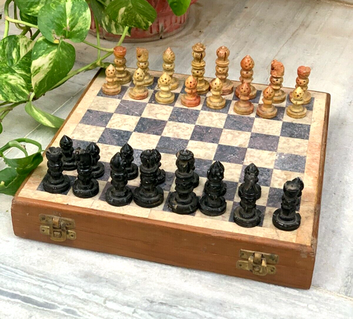 Vintage Wooden Chess Set Stone Board Granite Pieces Table Game Decor | eBay
