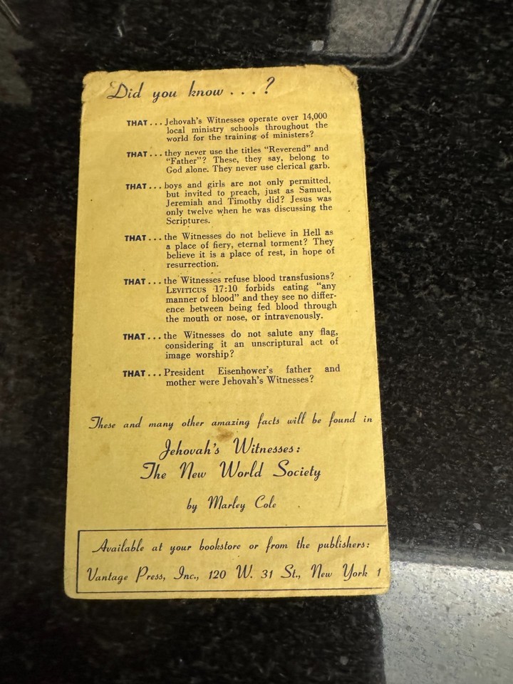 WATCHTOWER JEHOVAH'S WITNESS MARLEY COLE TRACT | eBay