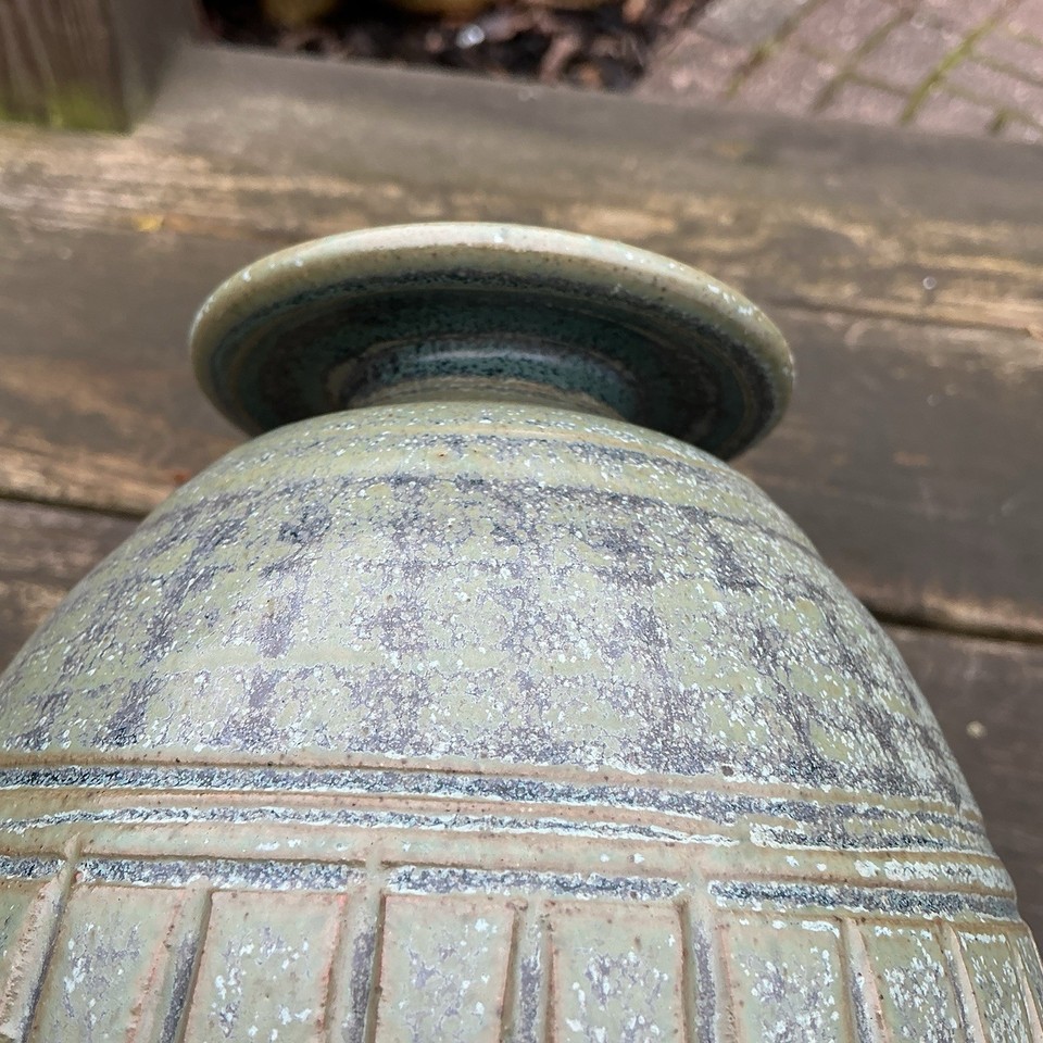 Large Vintage Blue Green Glazed Studio Pottery Vase Incised Decoration ...