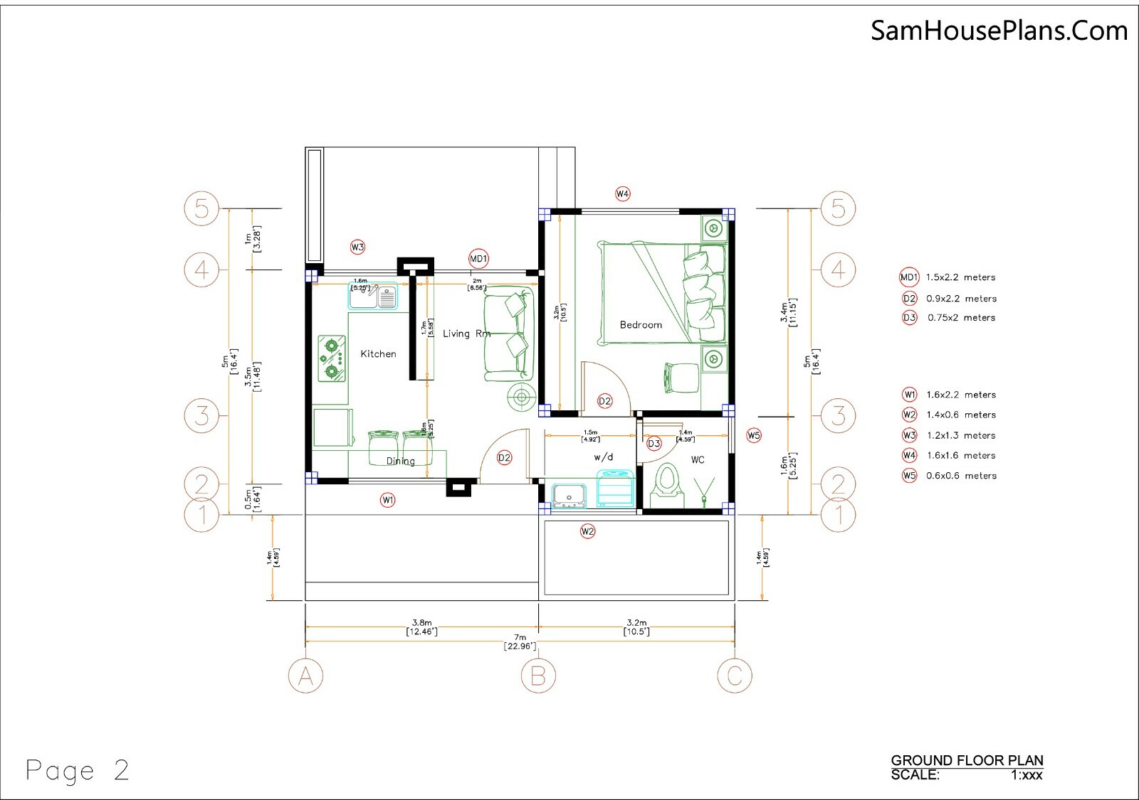 Small House Design Plans 7x5 Meter 23x16 Feet 1 Bed 1 Bath Shed (A4 ...