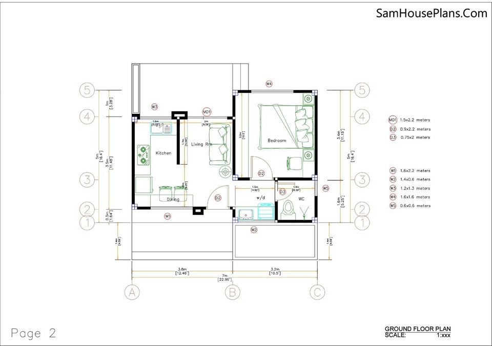 Small House Design Plans 7x5 Meter 23x16 Feet 1 Bed 1 Bath Shed (A4 ...