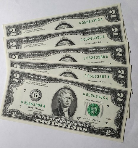 Lot of 5 Consecutive Serial Number 2 Two Dollar Bills Circulated 2017 ...
