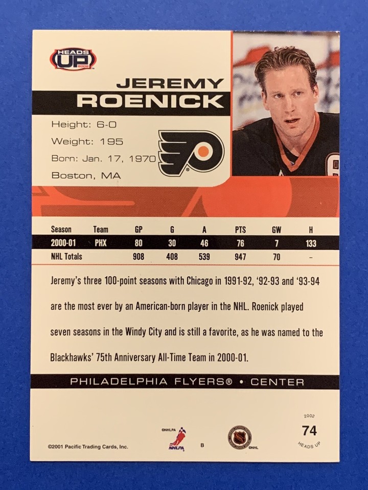 JEREMY ROENICK Signed 2001-02 Head Up Holo #74 Philadelphia Flyer ...