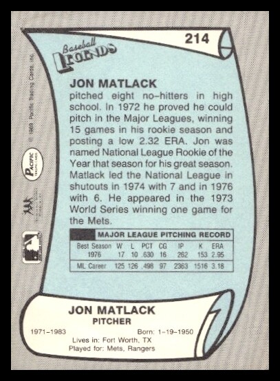 1989 Pacific Legends II #214 Jon Matlack New York Mets Baseball card | eBay