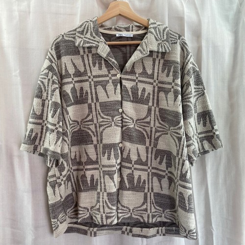 ZARA Textured Woven Shirt Abstract Geometric Pattern Short Sleeve ...