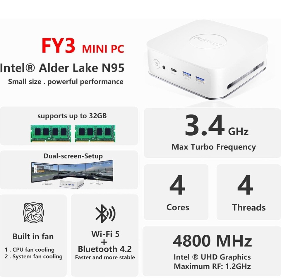 Funyet Mini Pc,Intel 12Th Gen Alder Lake N95(Up To 3.4 GHz) 16GB DDR ,1 ...