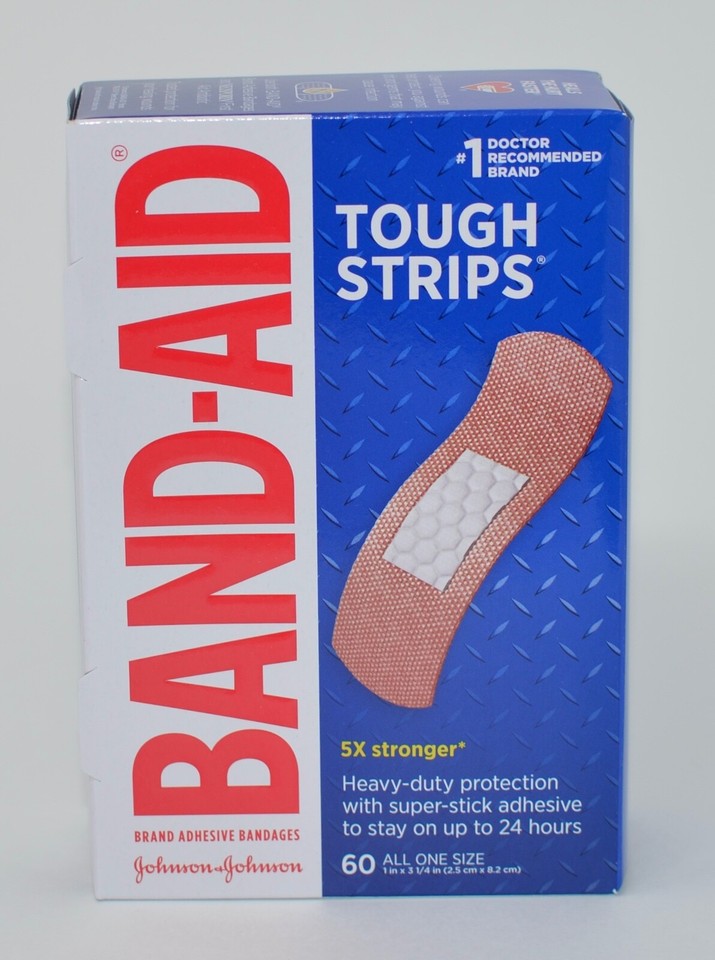 60 BAND-AID BRAND ADHESIVE BANDAGES TOUGH STRIPS BOX 5X STRONGER HEAVY ...