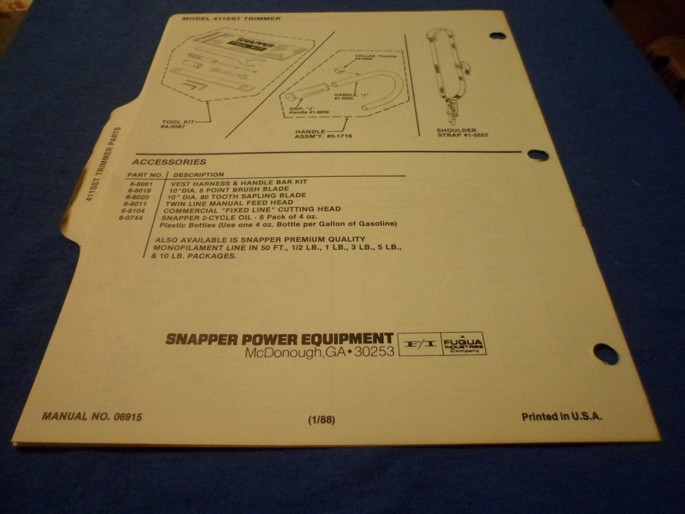 (DRAWER 22) Snapper 411SST Trimmer Parts Manual 06915 | eBay