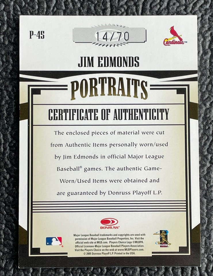 🔥JIM EDMONDS 2005 PRIME PATCHES 4 COLOR GAME USED JERSEY CARDINALS ...