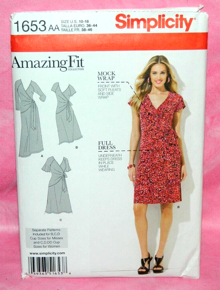 Uncut Simplicity Amazing Fit Sz 10-18 Mock-Wrap Dress in 2 Lengths ...