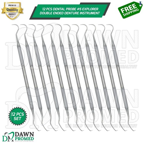 12 Pcs Dental Probe #5 Explorer Double Ended Denture Instruments German ...