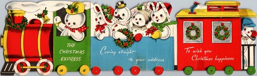 Snowman Train Conductor Engine Caboose Diecut VTG Christmas Greeting ...
