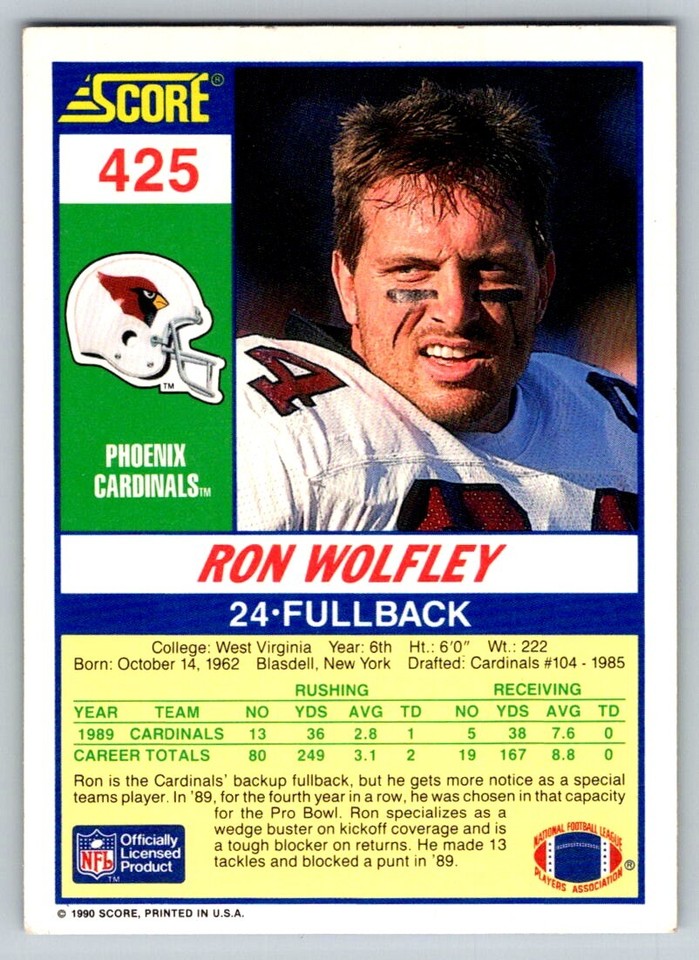 1990 SCORE RON WOLFLEY PHOENIX CARDINALS #425 | eBay