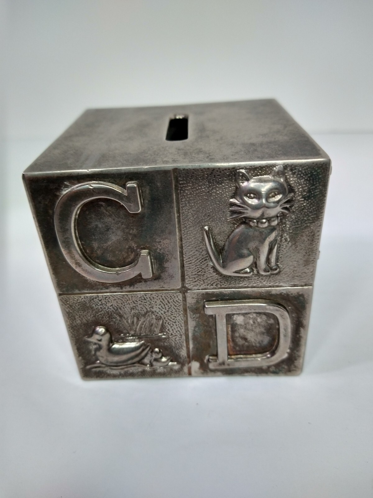 Block ABC Silver Plate/Pewter Coin Bank 3" Vintage Great Condition-Fast ...