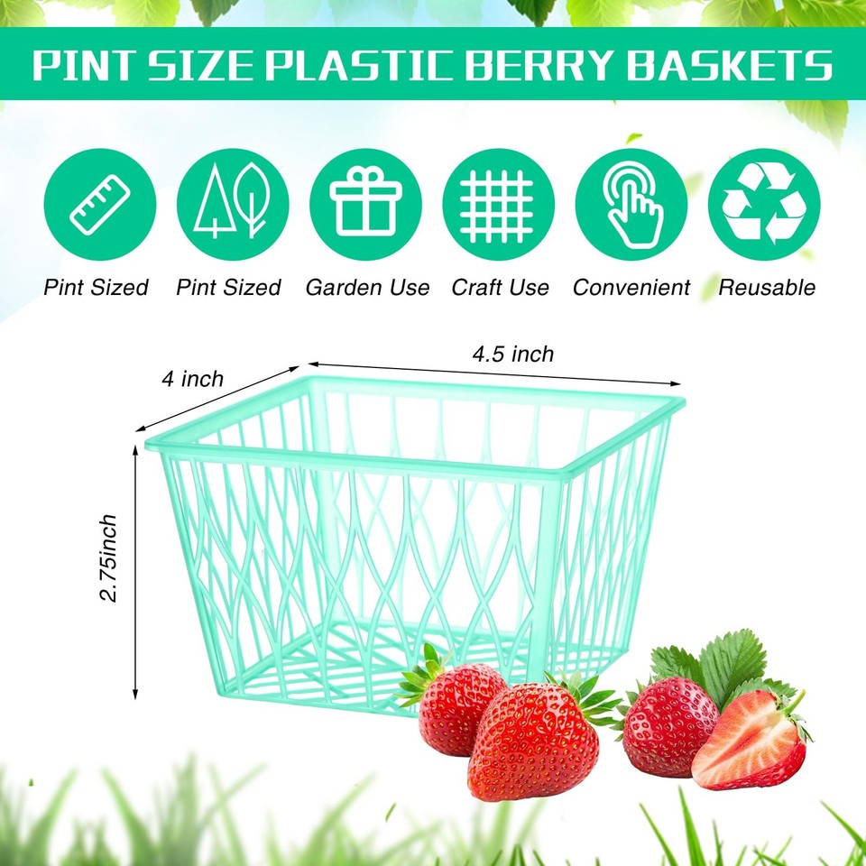 50 Pcs Pint Size Plastic Berry Baskets Boxes Green Strawberry Basket ...