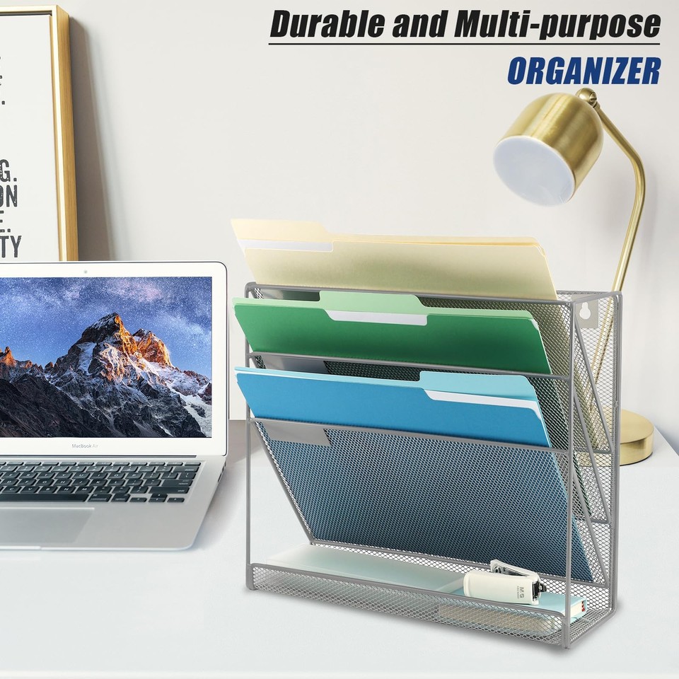 4-Tier Gray Desk File Organizer Hanging Wall Mount Document Holder Rack ...