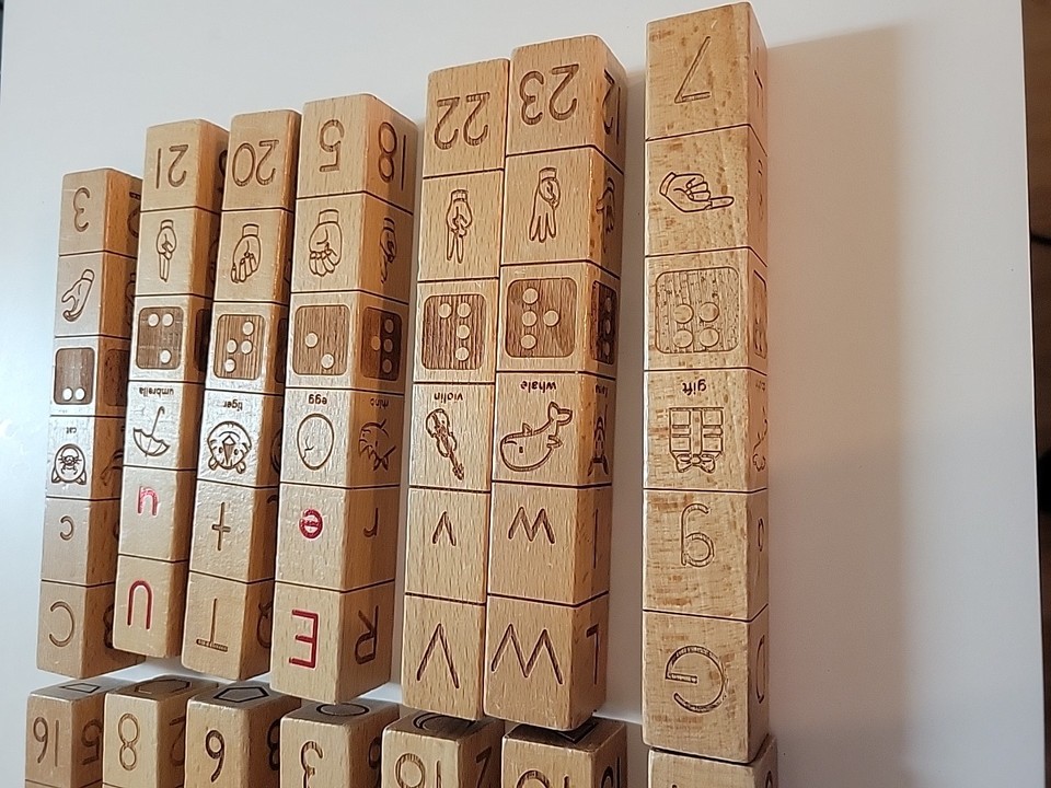 14 Pc Wood Block Stick Set, Alphabet, Numbers, Braille, ASL Sign ...