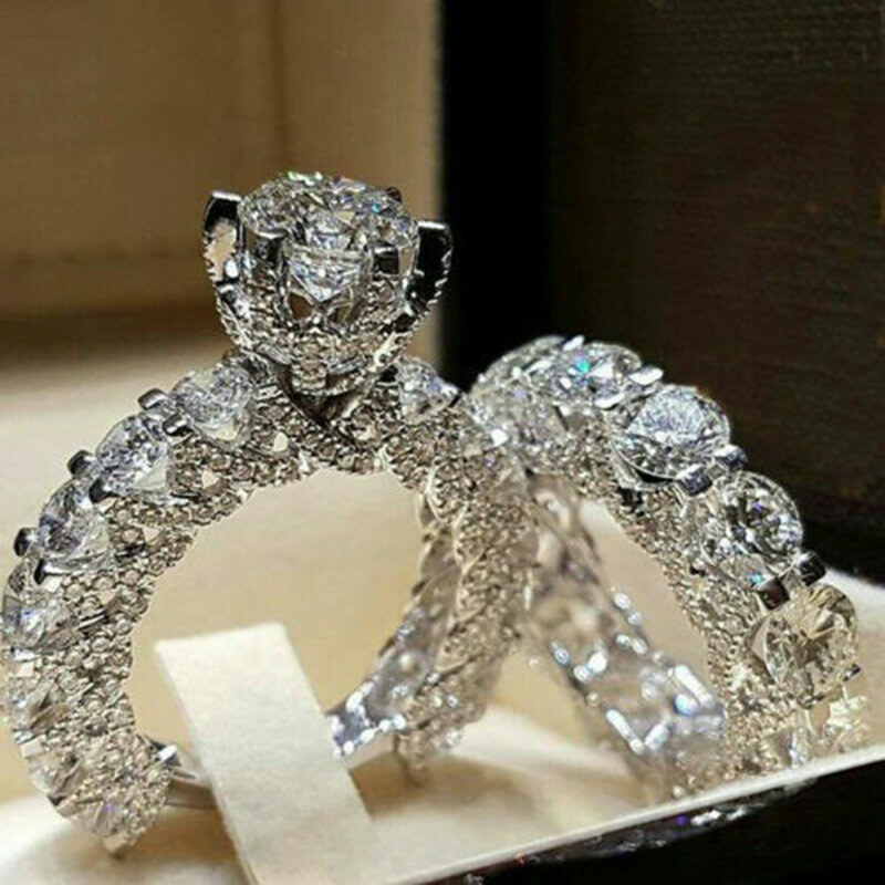 Fashion Women 925 Silver Filled Wedding Set Ring Round Cut Cubic Zircon ...