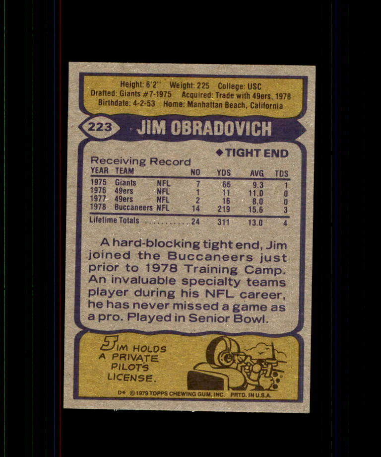 1979 TOPPS FOOTBALL CARD TAMPA BAY BUCCANEERS #223 JIM OBRADOVICH | eBay