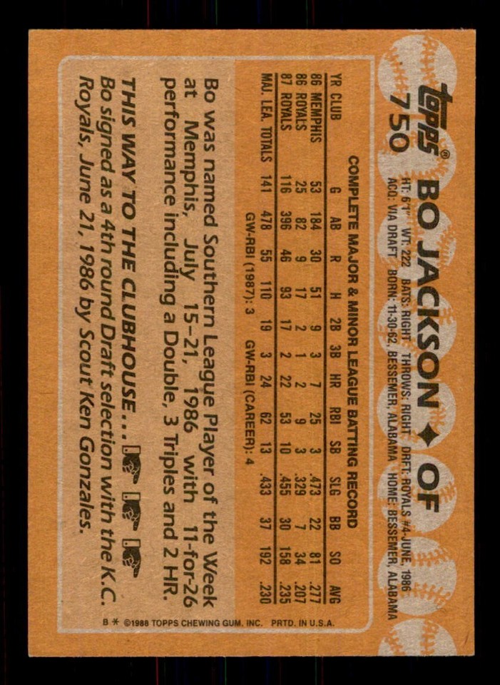 1988 Topps Baseball #750 Bo Jackson NM | eBay