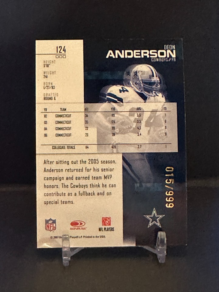 2007 Rookies & Stars Football Deon Anderson Longevity RC Card #124 #'ed ...