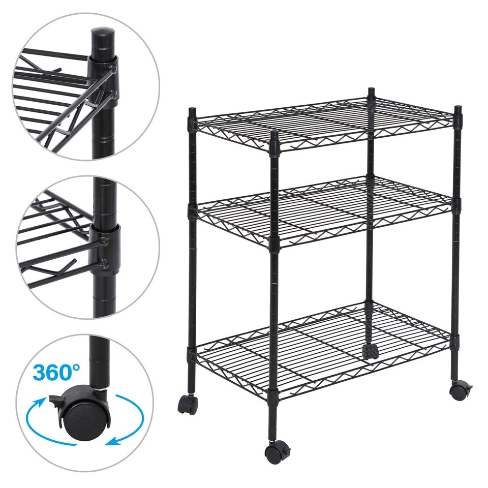 3 Tires Wire Rack Unit Shelving Rolling Kitchen Cart Adjustable Storage ...