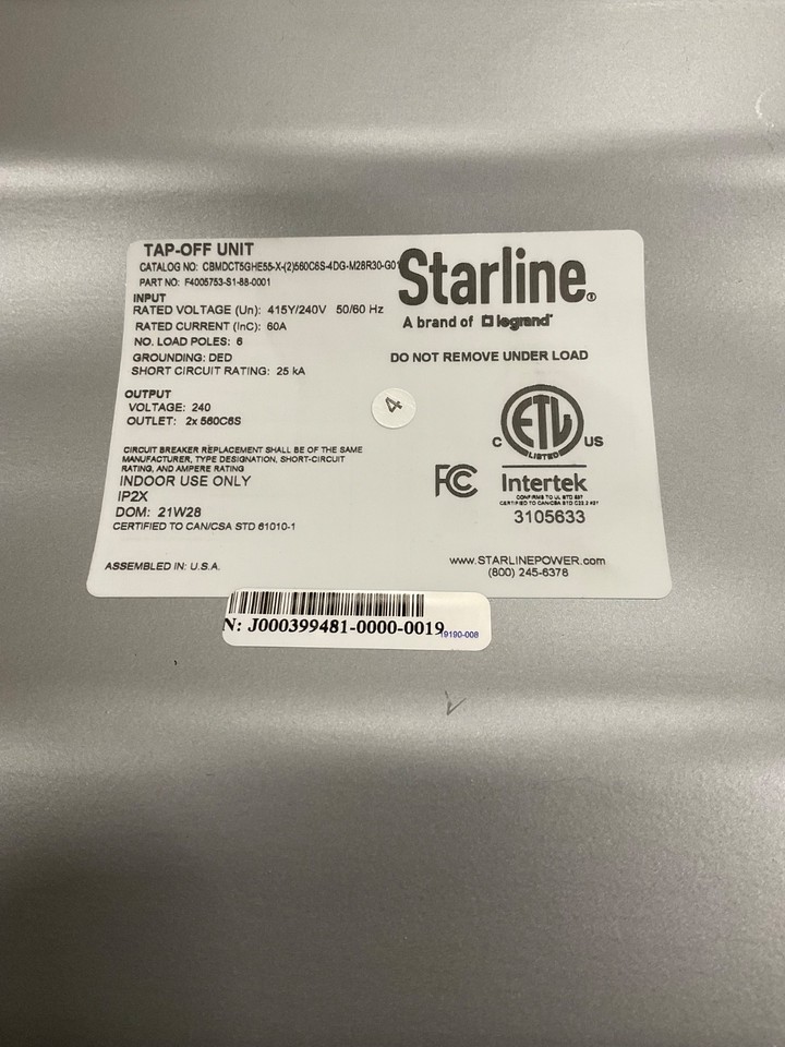 StarLine Busway Tap Box CBMDCT5GHE55-1’-(2)560C6S-4DG… 60A 415Y/240V T5 ...