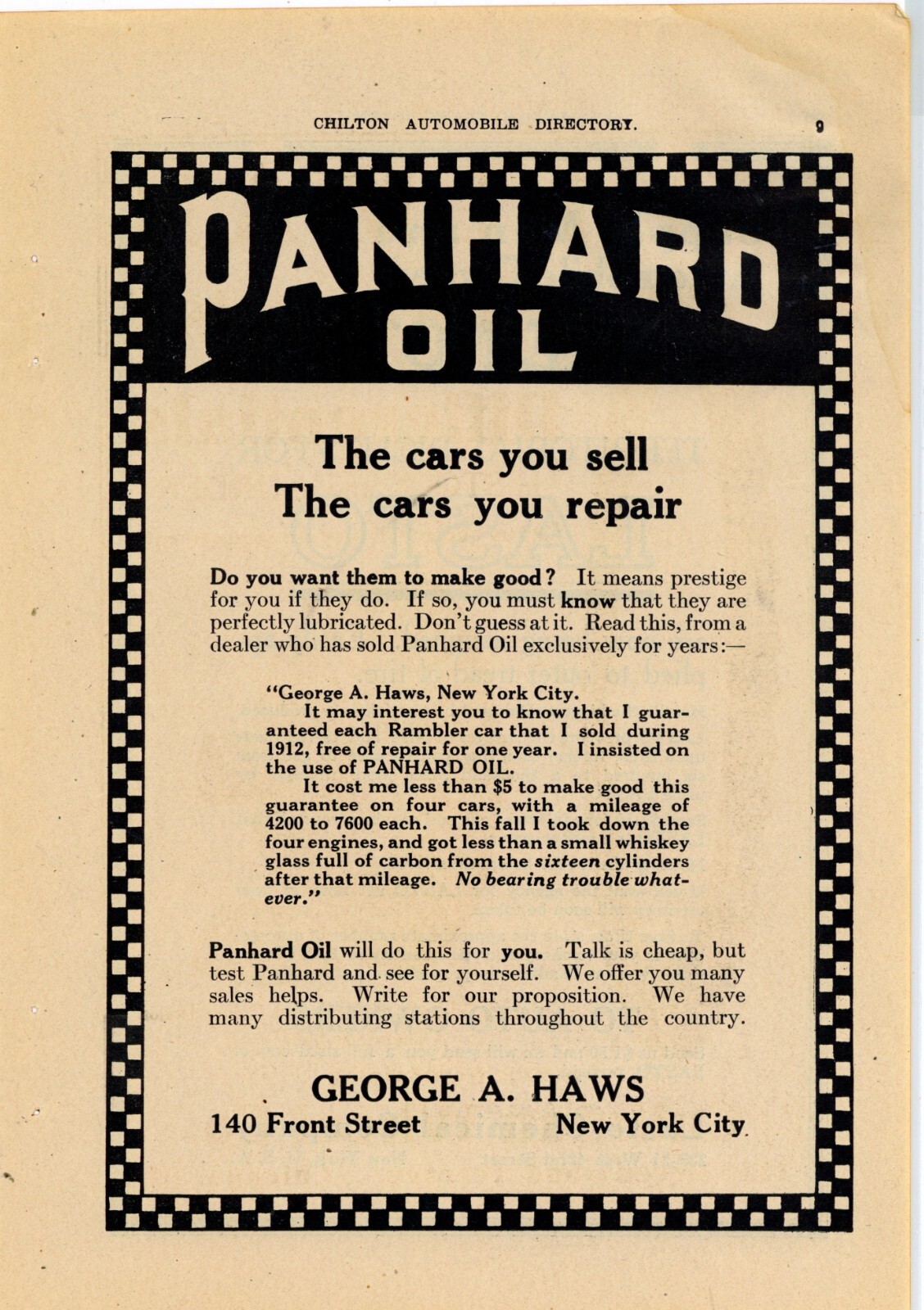 1913 George A. Haws Co. Ad: Panhard Oil - New York City | eBay