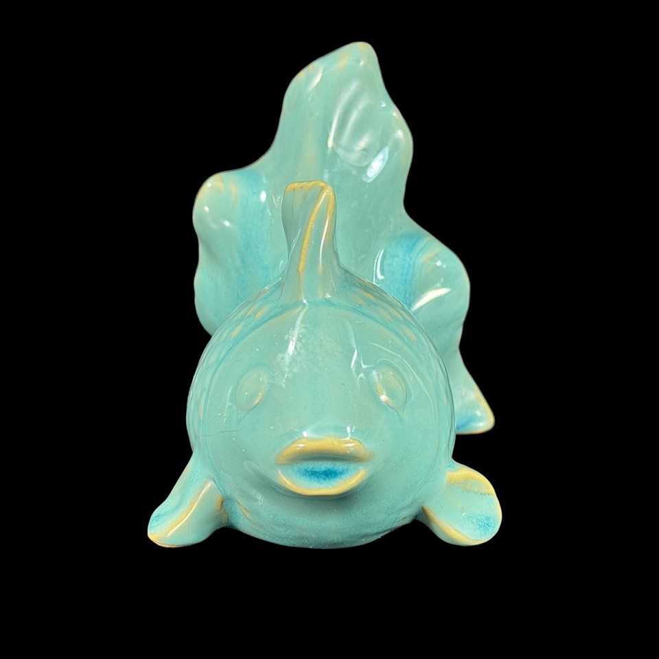 Aqua Tan FISH Goldfish FIGURE Ceramic Pottery Beach Nautical 5.5 in H ...