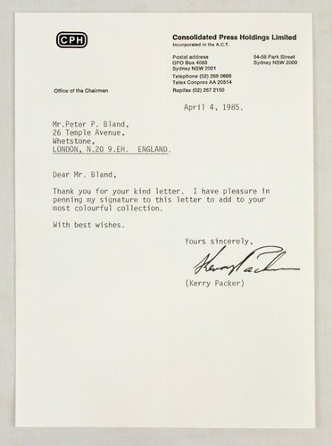 MEDIA tycoon Kerry PACKER 1985 SIGNED Australia autograph world series ...