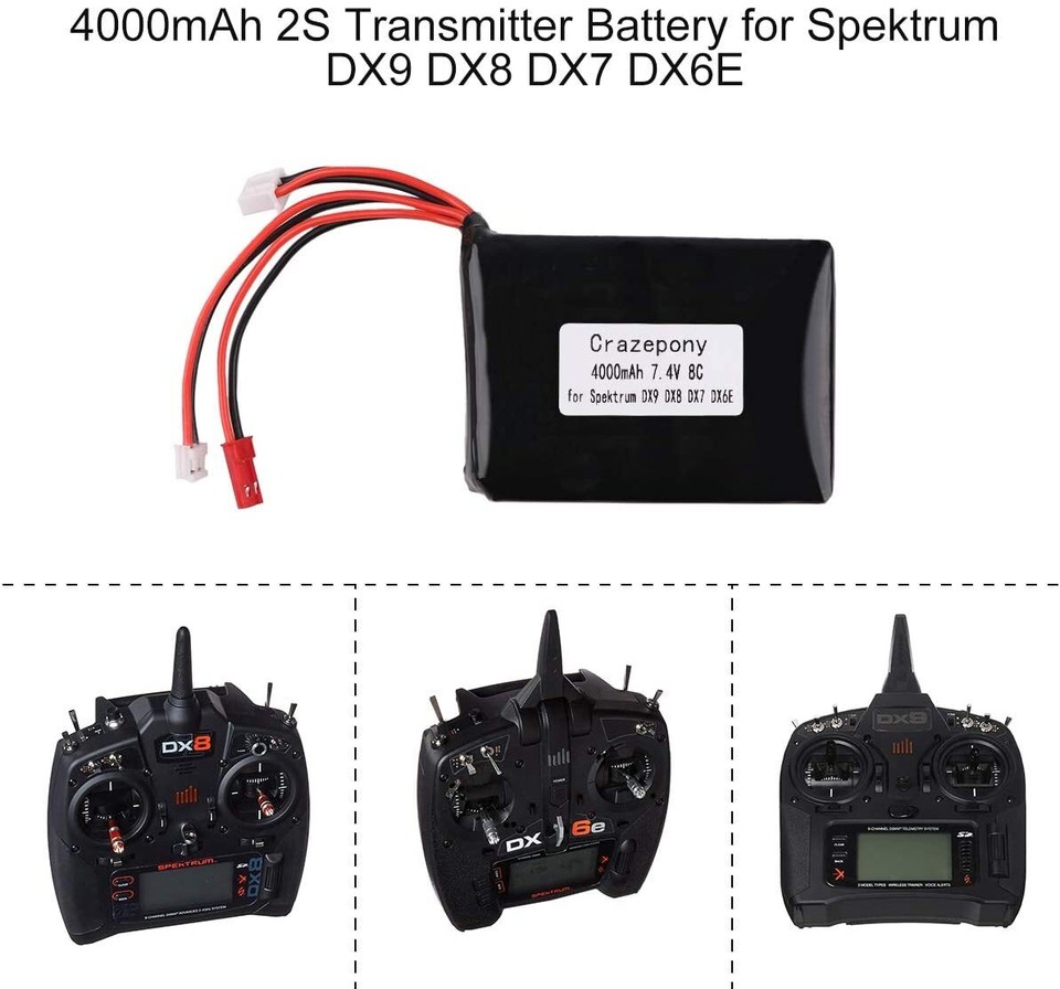 7.4V 4000mAh LiPo Battery JST JR Plug For Spektrum DX9/DX7/DX8/DX6E ...