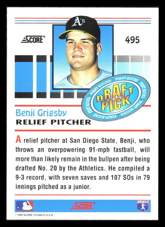 1993 Score #495 Benji Grigsby Rookie Baseball Card | eBay