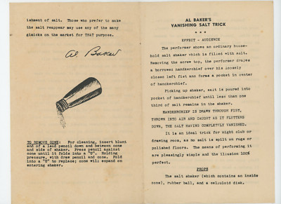 Vintage Al Baker's Vanishing Salt Trick INSTRUCTIONS ONLY Magic Baker ...