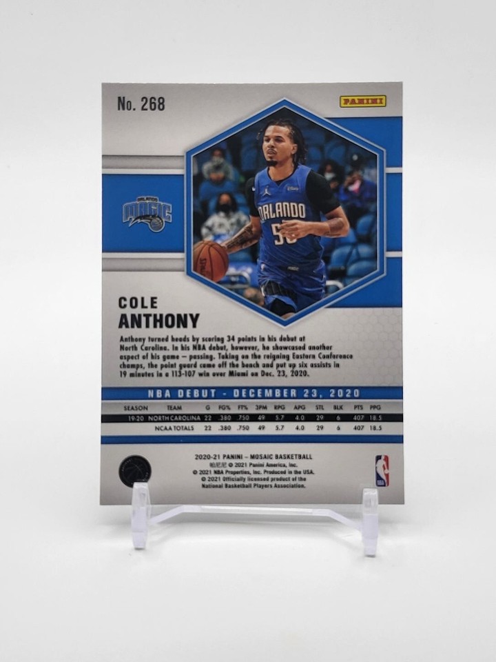 Cole Anthony ROOKIE CARD "NBA Debut" 2020-21 Panini Mosaic #268 Orlando ...