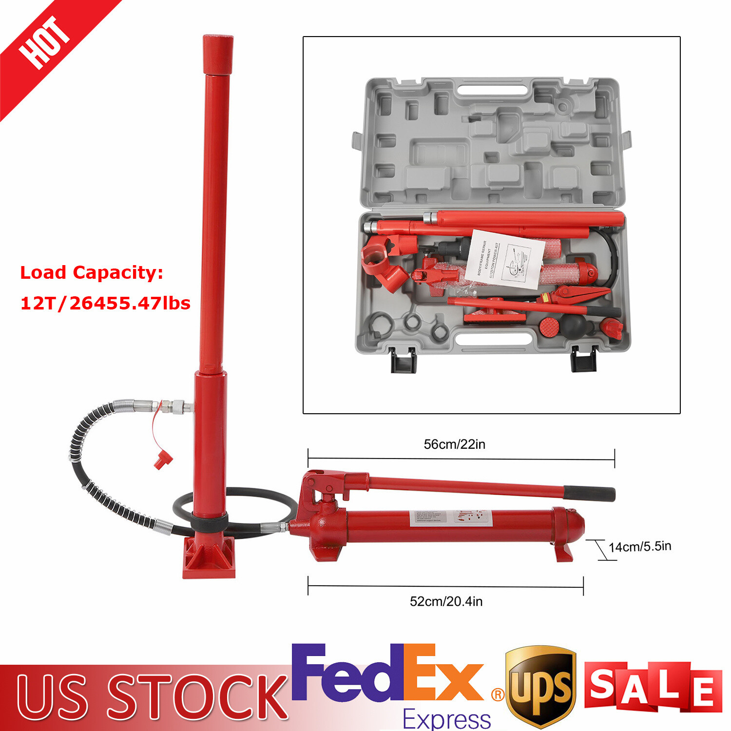 12 Ton Heavy Duty Porta Power Hydraulic Jack Auto Body Frame Repair Kit ...